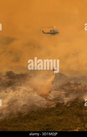 Wildfire firefighting in forest with helicopter carrying a water bucket ...
