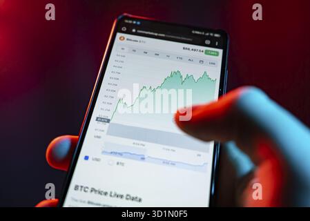 Bitcoin price chart on smartphone in hand detail. Mobile application ...