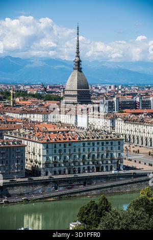 Turin, Italy. Panoramic view of the city illuminated in the evening ...