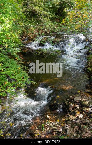 The East Lyn River flows through Lynmouth village in North Devon, with ...