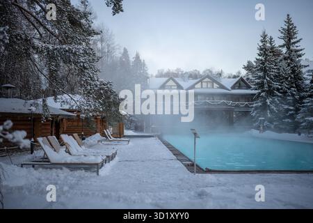 Open-air swimming pool with warm water, loungers and wooden Russian ...