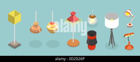 3D Isometric Flat Set of Different Interior Lights, Set of Lamps Stock ...