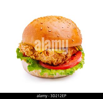 Crispy fried chicken burger sandwich on metal tray with melted cheese ...