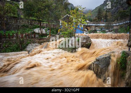 Torrential rain and swollen river, Ras el Maa fountain, Chefchaouen ...