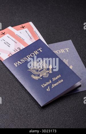 US passport or id document with tickets for flight, travel, border ...