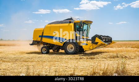 A yellow combine harvester operates in a field of barley. Green trees ...