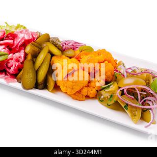 Colorful plate of assorted pickled vegetables arranged with a flower ...