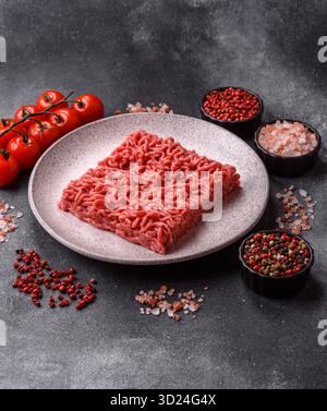 Raw beef steak burger ingredients, with marbled meat, on old wooden ...