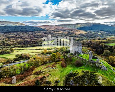 Autumn colours over Castell Dolwyddelan and Eryri Mountains from a ...