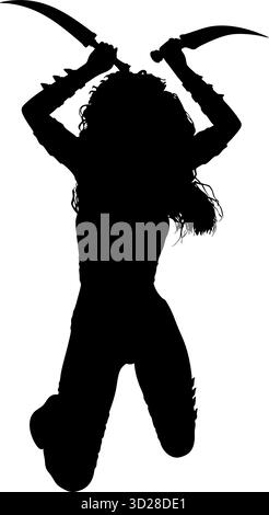 Illustration of a dynamic silhouette of a female warrior holding a ...