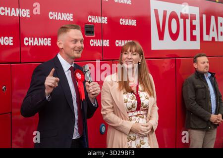 Angela Rayner giving a speech alongside Luke Myer, in front of the 2024 ...