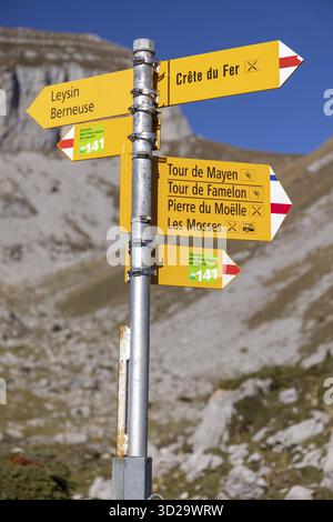 Hiking trail sign, Siedlung Ai, Leysin, Vaud, Switzerland Stock Photo ...