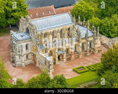 Aerial view of Rosslyn Chapel in Roslin village Midlothian, Scotland ...