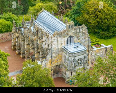 Aerial view of Rosslyn Chapel in Roslin village Midlothian, Scotland ...