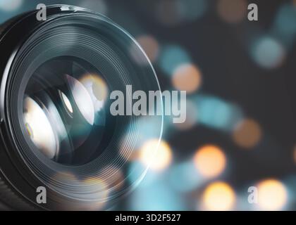 Camera lens against blurred lights, bokeh lights. Banner design Stock ...