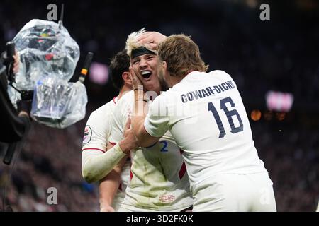 England's Henry Pollock (centre) celebrates a turnover during the ...