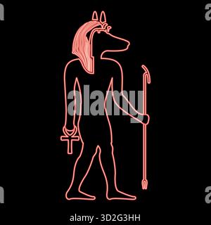Neon anubis deity with jackal head ancient Egyptian god holds staff and ...