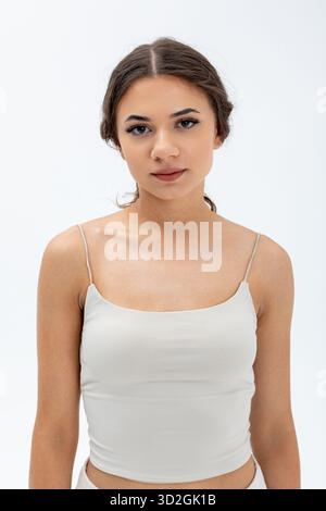 Authentic portrait of a woman displaying casual summer style Stock ...