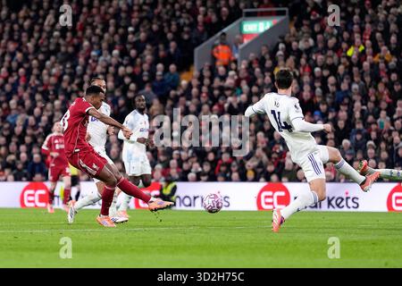 Ryan Gravenberch of Liverpool scores to make it 1-0 during the Premier ...