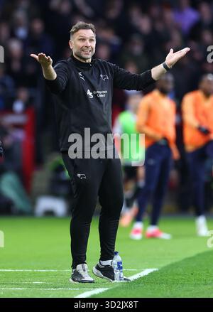 John Eustace, manager of Derby County shouts instructions during the ...
