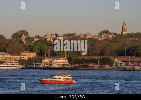 Topkapi Palace complex with towers and domes surrounded by forested ...