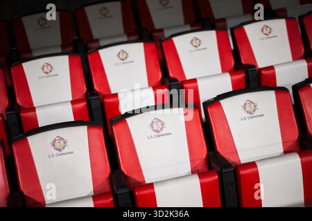 The logo of US Cremonese is seen on the seats prior to the Serie A ...