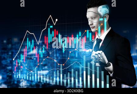 The world driven by artificial intelligence. City at night and digital ...