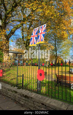Union Jack flags flutter in golden autumn light ready for the ...