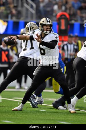 New Orleans Saints quarterback Tyler Shough (6) throws next to ...