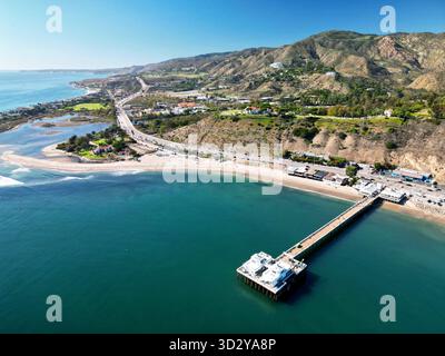 Aerial view of the Malibu pier and town along Pacific Coast Highway in ...