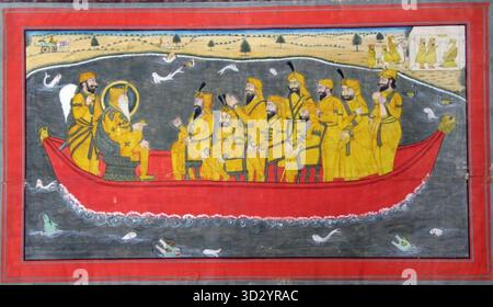 Painting of Maharaja Ranjit Singh and suite in a boat on the Ravi river ...