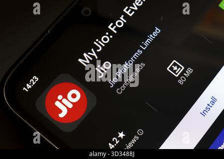 In this photo illustration, the Jio logo is seen displayed on a ...