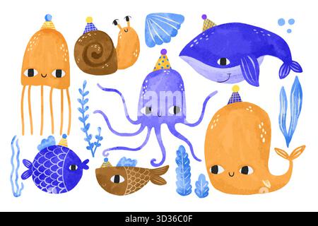 cute cartoons hand drawn illustration set Stock Photo - Alamy