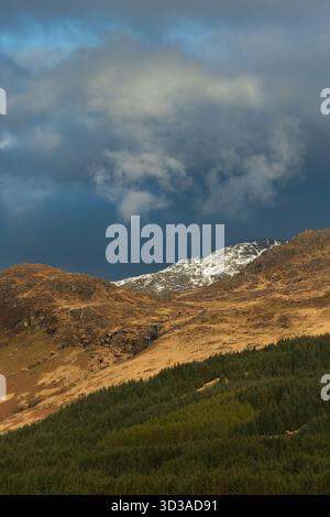 View to snow-capped Ben More on the Isle of Mull from South looking ...