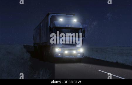 Long Haul overnight Trucking Logistics on a dark country highway road ...