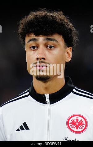 November 26 2025: Nathaniel Brown of Eintracht Frankfurt controls the ...