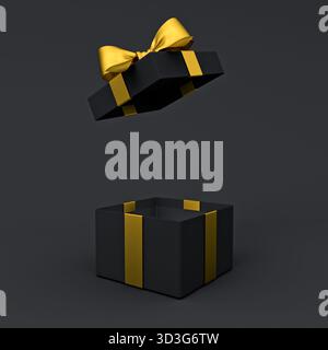 gold and black opened present box on blue - abstract 3D rendering Stock ...