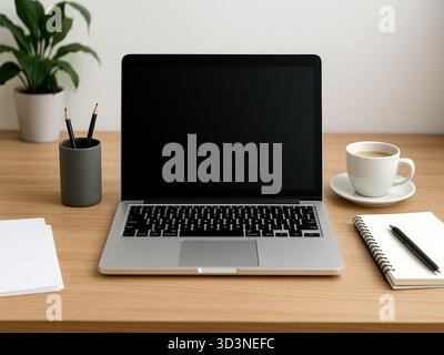 Modern minimal workspace with notebook laptop white screen mockup, book ...