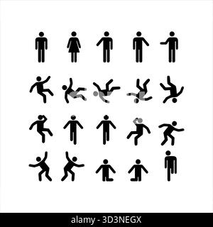 Black silhouette stick figures demonstrating different body positions ...