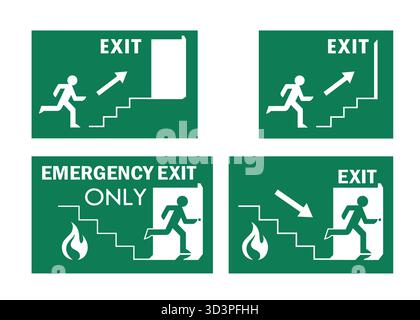 Set of emergency escape signs. Green exit icons collection. Flat vector ...