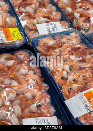 Fresh raw shrimp packaged plastic container ice seafood market ...