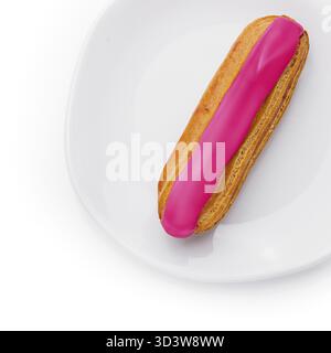 Eclair dessert with icing on pink wooden background Stock Photo - Alamy