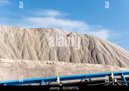 Long blue conveyor belt transports white potash ore material toward ...