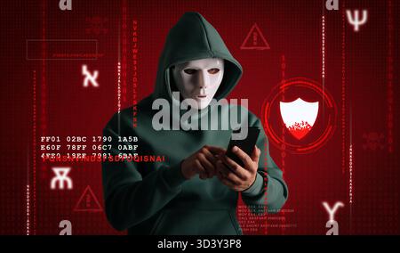 Anonymous hacker and face mask with smartphone in hand. Man in black ...