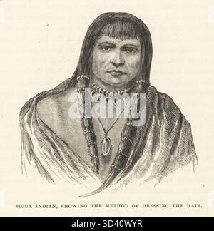 Sioux brave with hair in two braids, necklace of teeth and bone ...