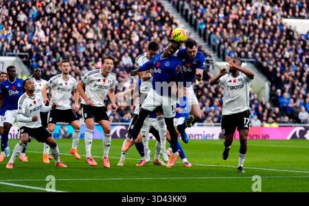 Michael Keane Of Everton heads the ball ahead of Armando Broja Of ...