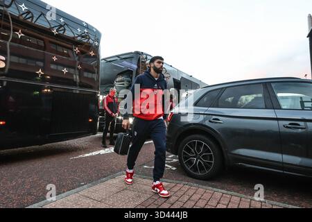 Arsenal goalkeeper David Raya arrives ahead of the Carabao Cup semi ...