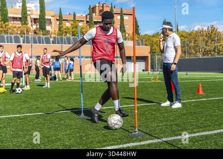 Youth Soccer Slalom Drill Training; Multiethnic Kids Practicing Ball ...