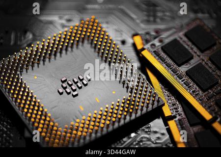 Close up of RAM Memory and pins on Main CPU PC processor circuit board ...