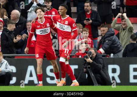 Morgan Whittaker of Middlesbrough celebrates with his team mates after ...